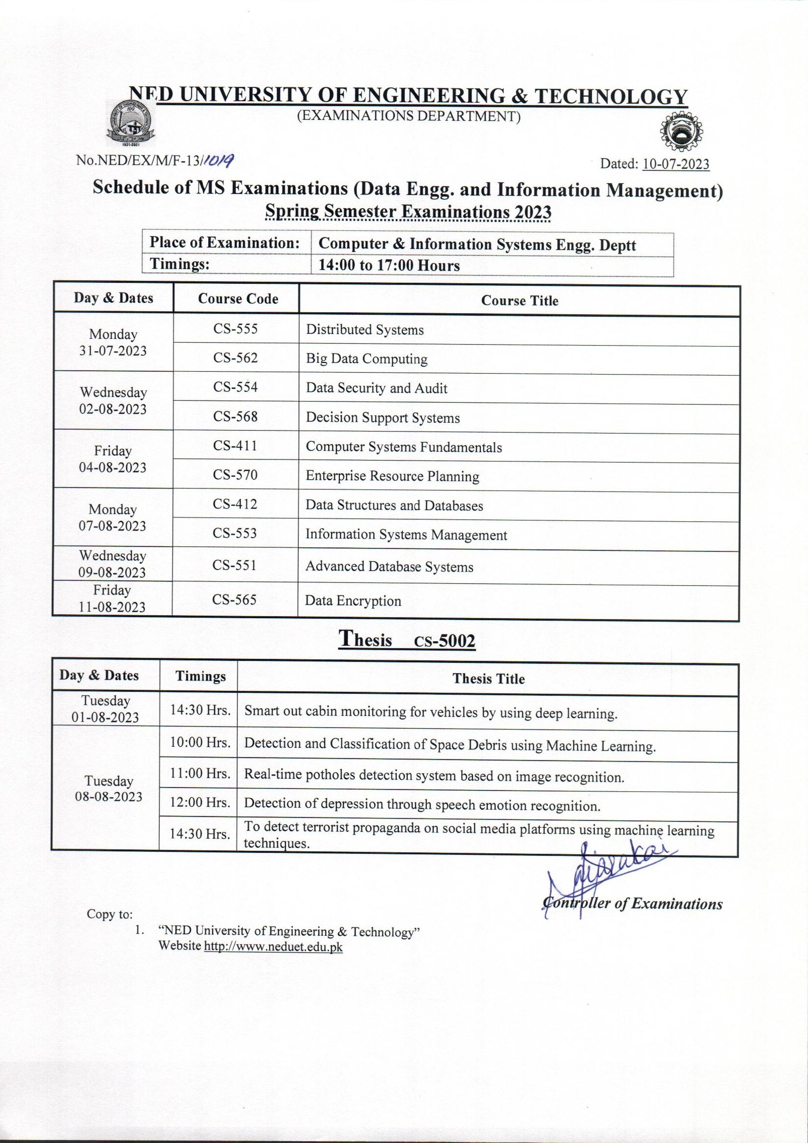 Examinations Schedules | NED University of Engineering & Technology